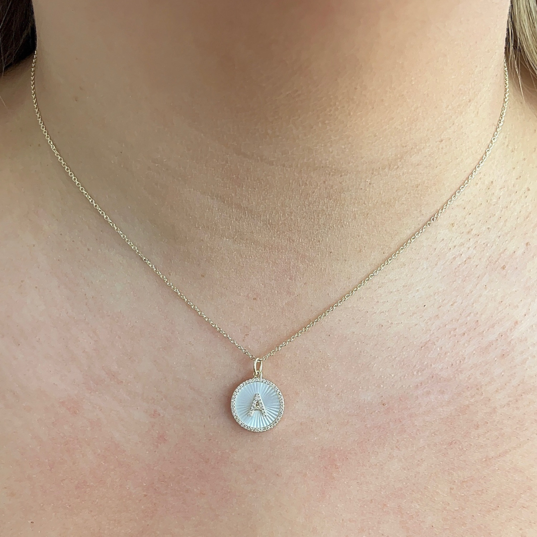 Fluted Mother of Pearl & Diamond Initial Disc Necklace – Dallas Diamond Bar